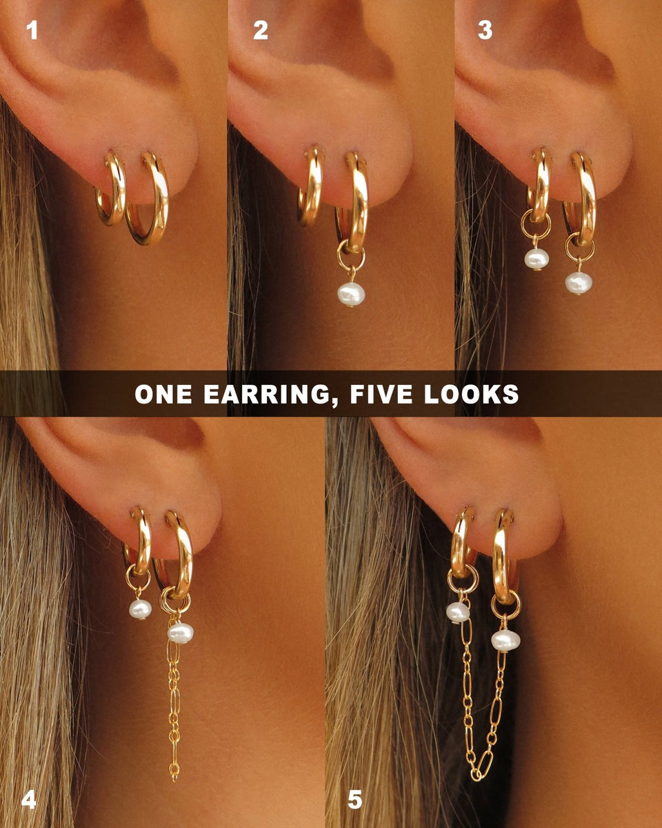THICK DOUBLE PIERCING FRESHWATER PEARL HOOP EARRINGS- 14k Yellow Gold ...